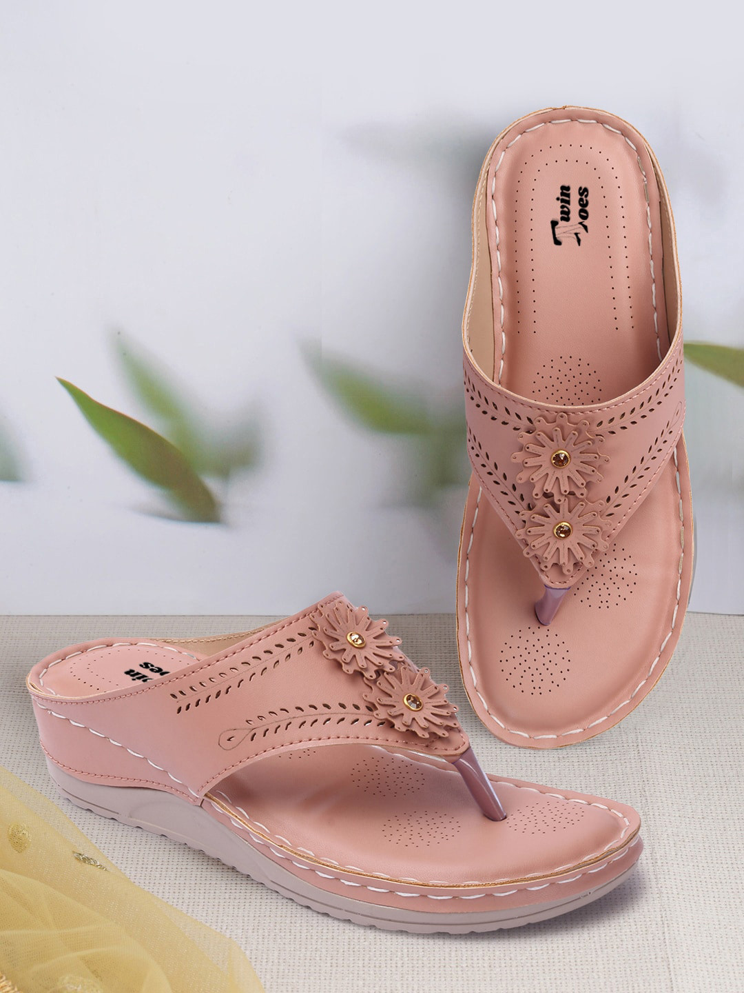 Buy TWIN TOES Peach Coloured Wedge Sandals With Laser Cuts And Flower ...