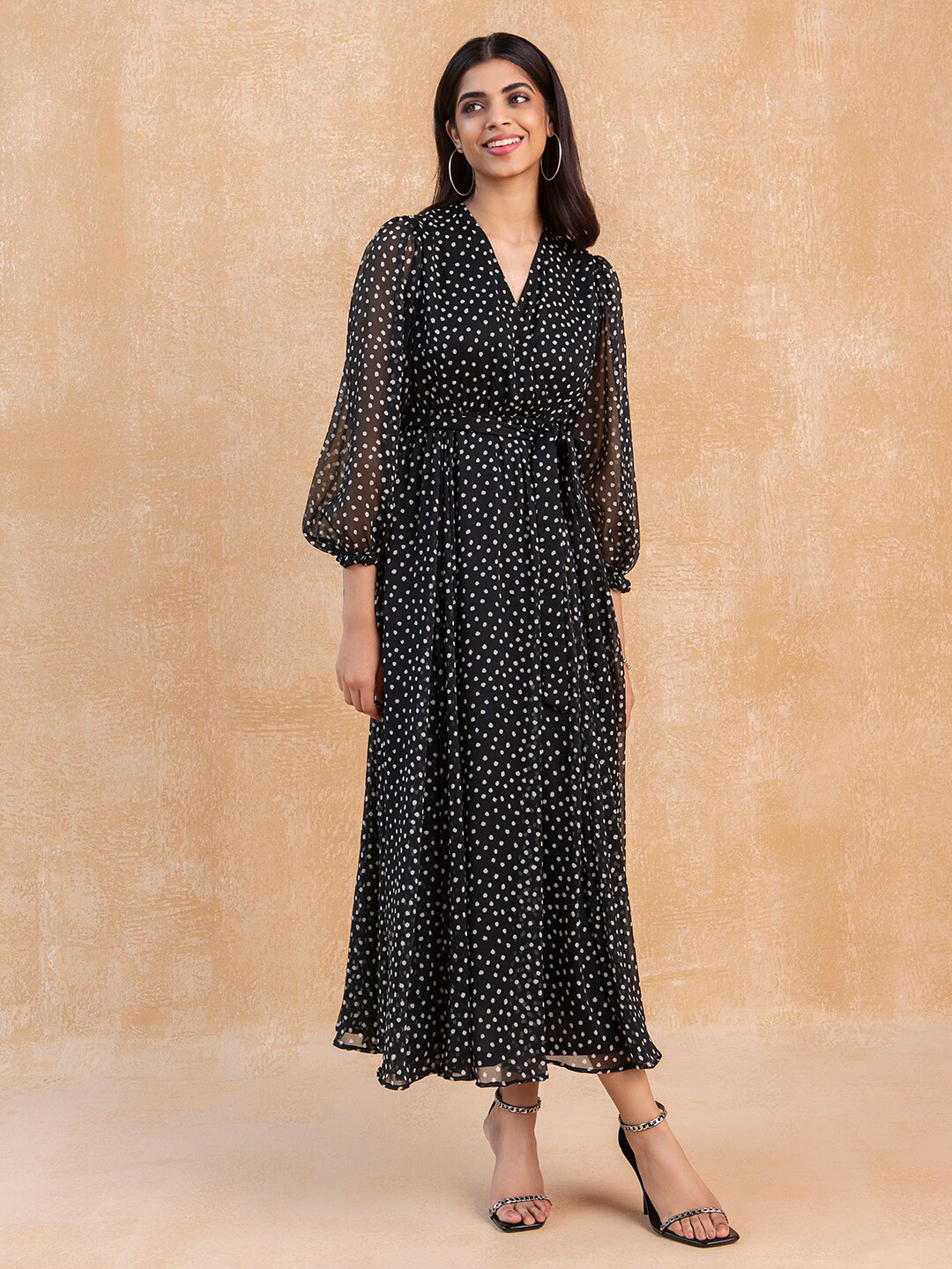 Buy Femella Black Polka Printed Wrap Chiffon Maxi Dress - Dresses for ...