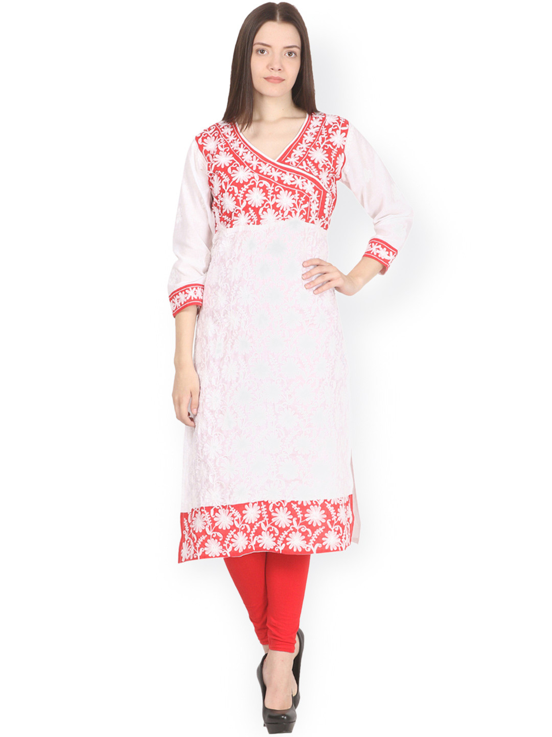 Buy Saadgi Women White Embroidered Straight Kurta - Kurtas for Women ...