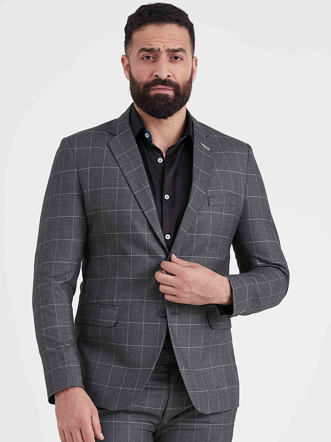 Buy MR BUTTON Men Grey Checked Single Breasted Slim Fit Blazer ...