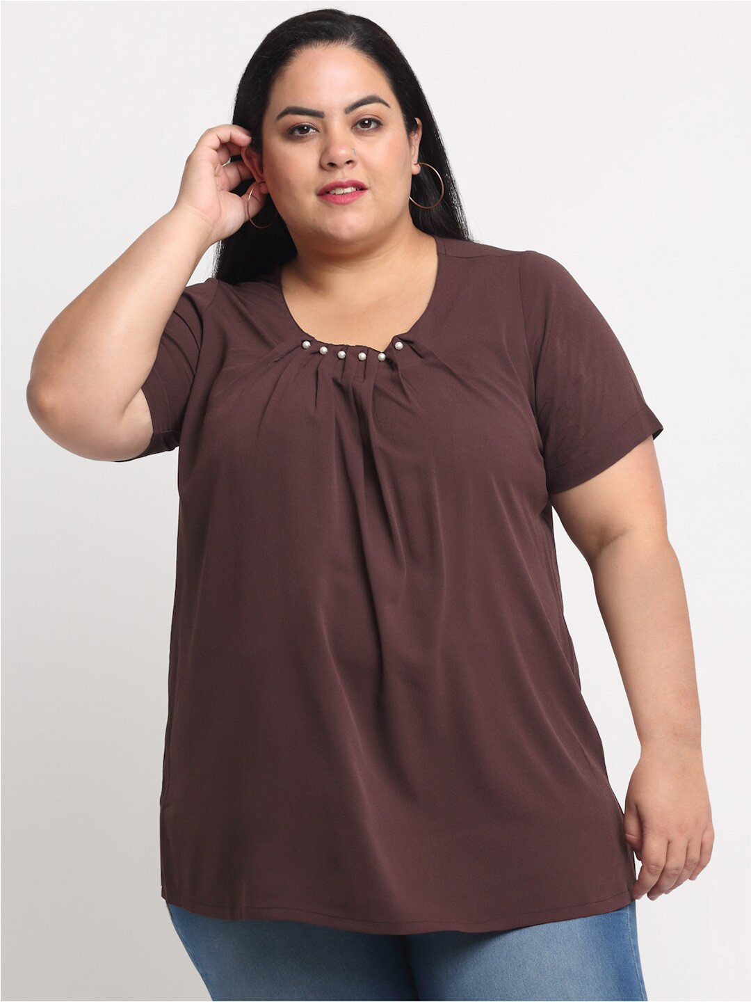 Buy PlusS Women Plus Size Brown Solid Round Neck Regular Top - Tops for ...