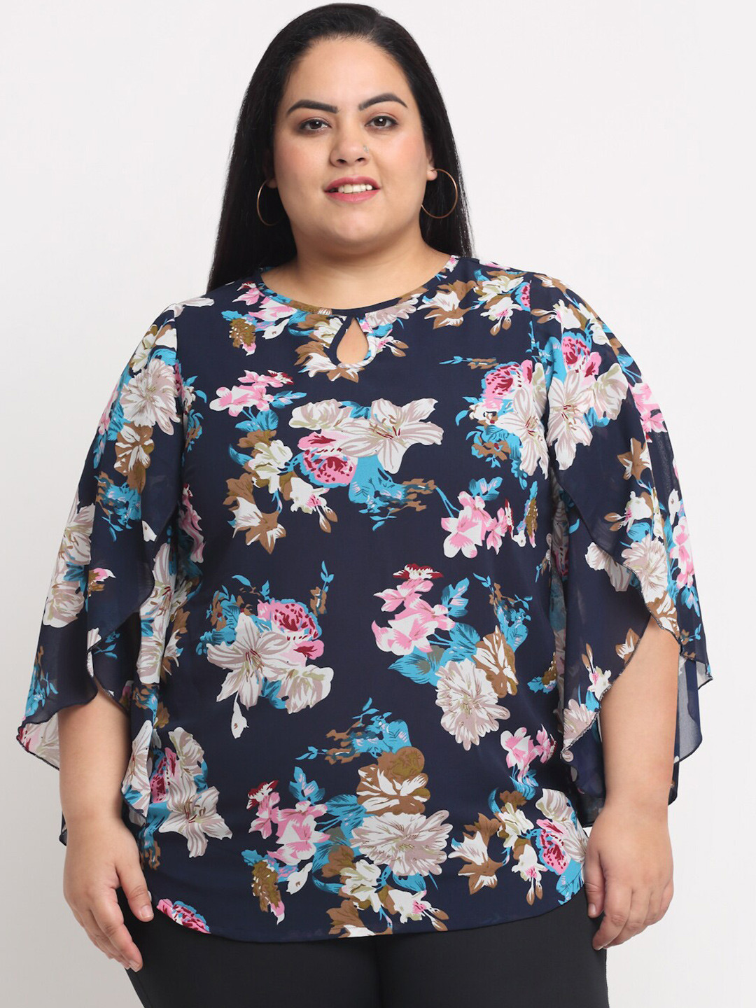 Buy PlusS Navy Blue Plus Size Floral Print Top - Tops for Women ...