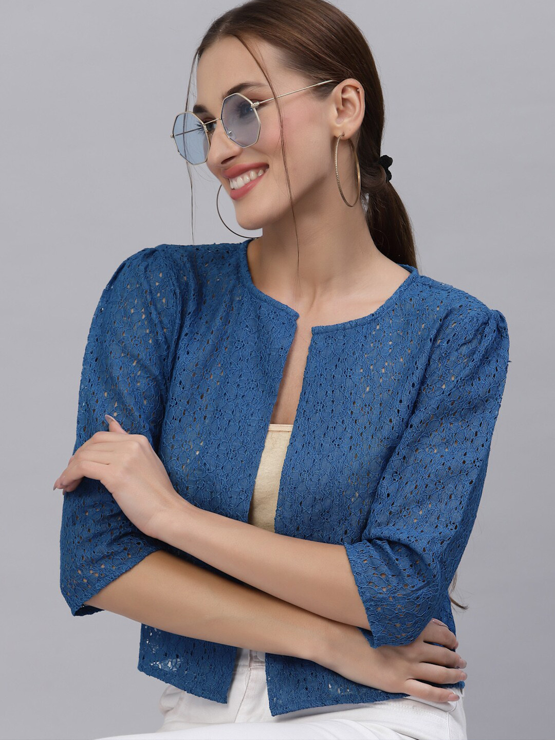 Buy Style Quotient Women Blue Self Design Crop Shrug - Shrug for Women ...