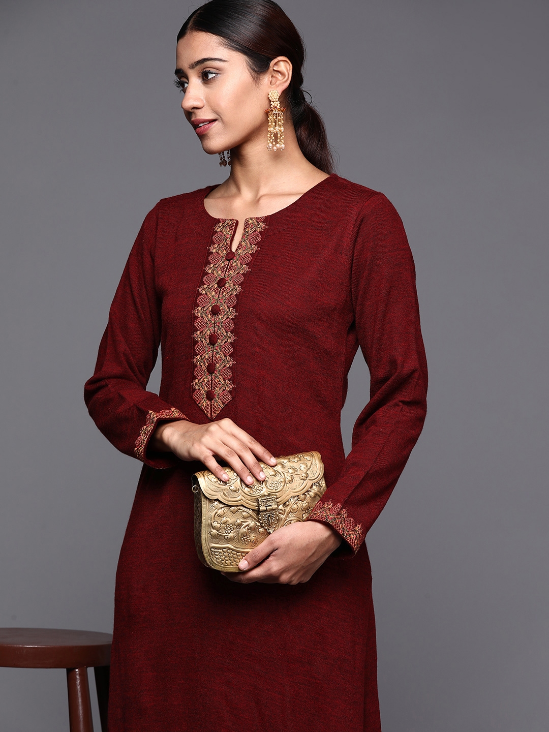 Buy Libas Women Maroon Ethnic Motifs Embroidered Thread Work Wool Kurta