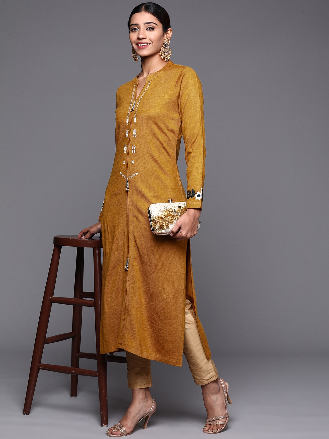 Buy Libas Women Mustard Yellow And White Solid Thread Work Straight Wool