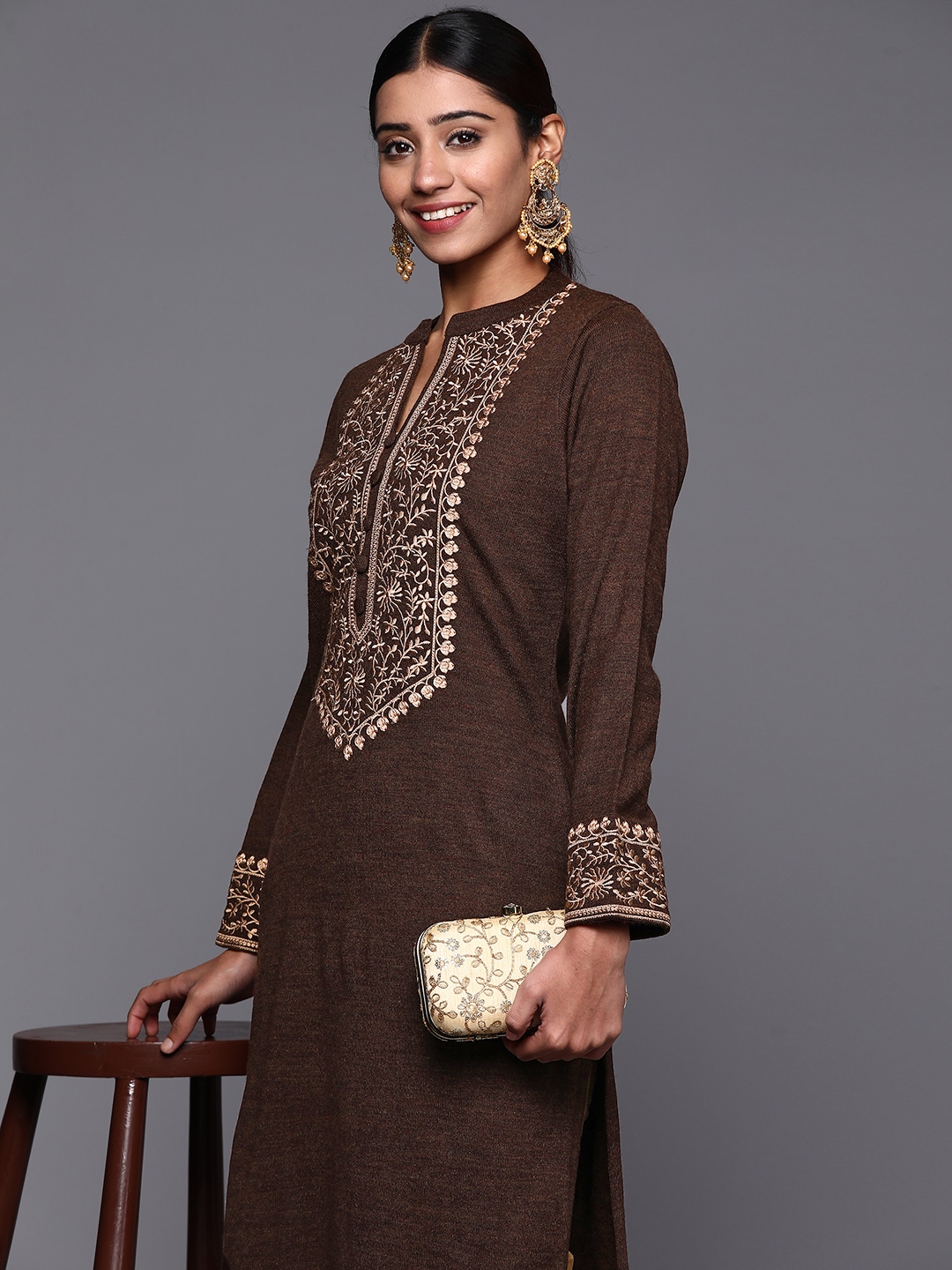 Buy Libas Women Brown Floral Motifs Yoke Design Thread Work Straight