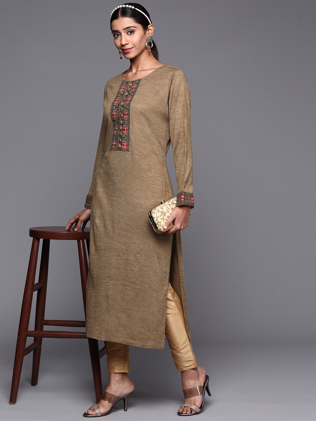 Buy Libas Women Brown Floral Motifs Yoke Design Thread Work Wool