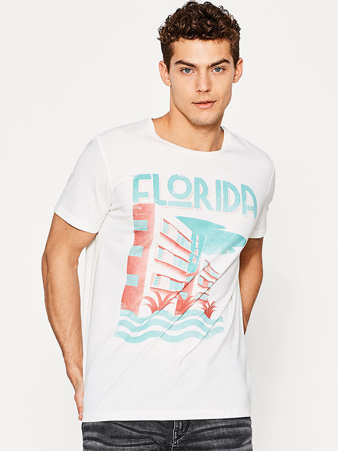 Buy ESPRIT Men White Printed Round Neck T Shirt - Tshirts for Men ...