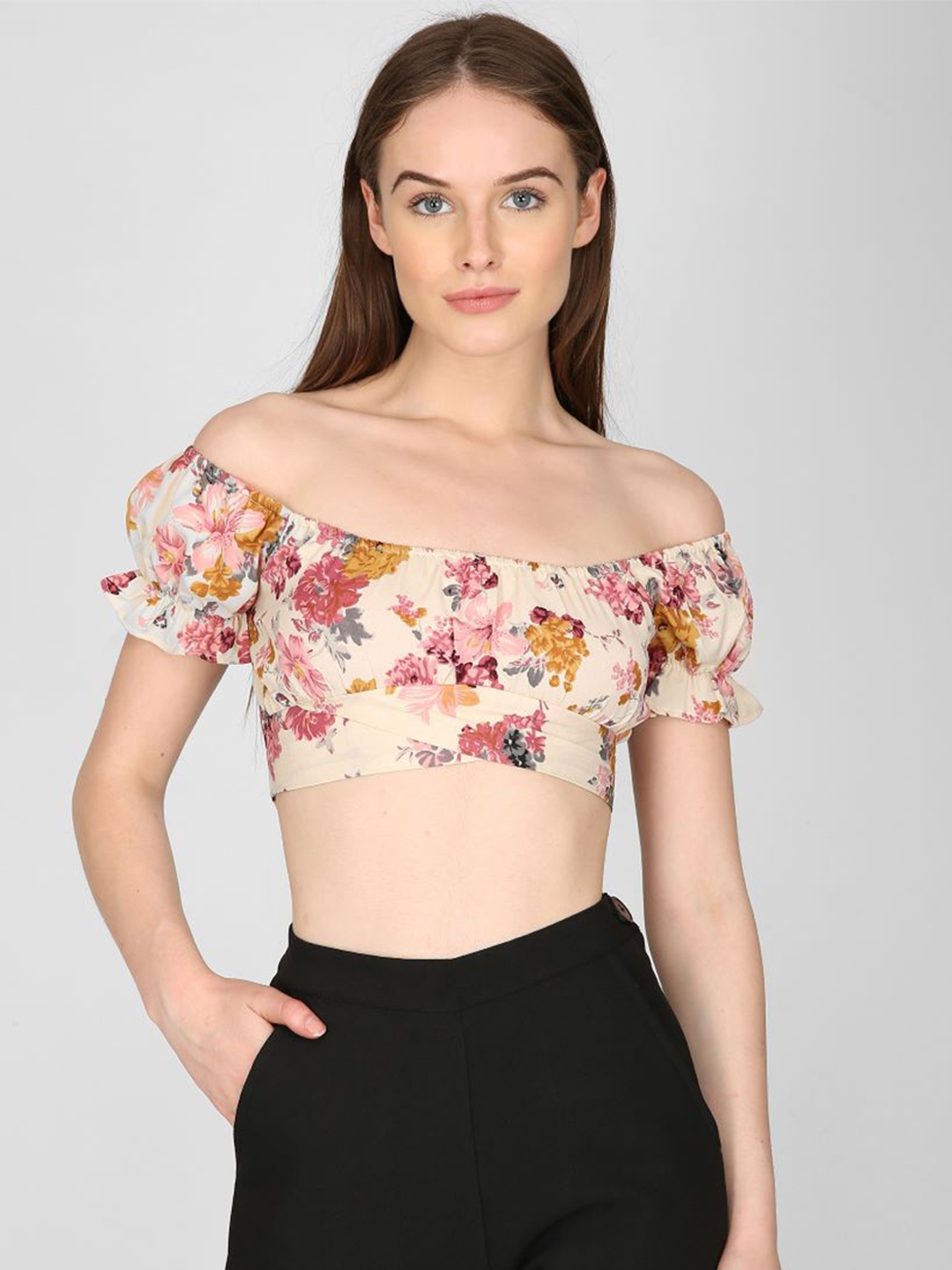 Buy I Love She Women Off White Floral Print Off Shoulder Bardot Crop
