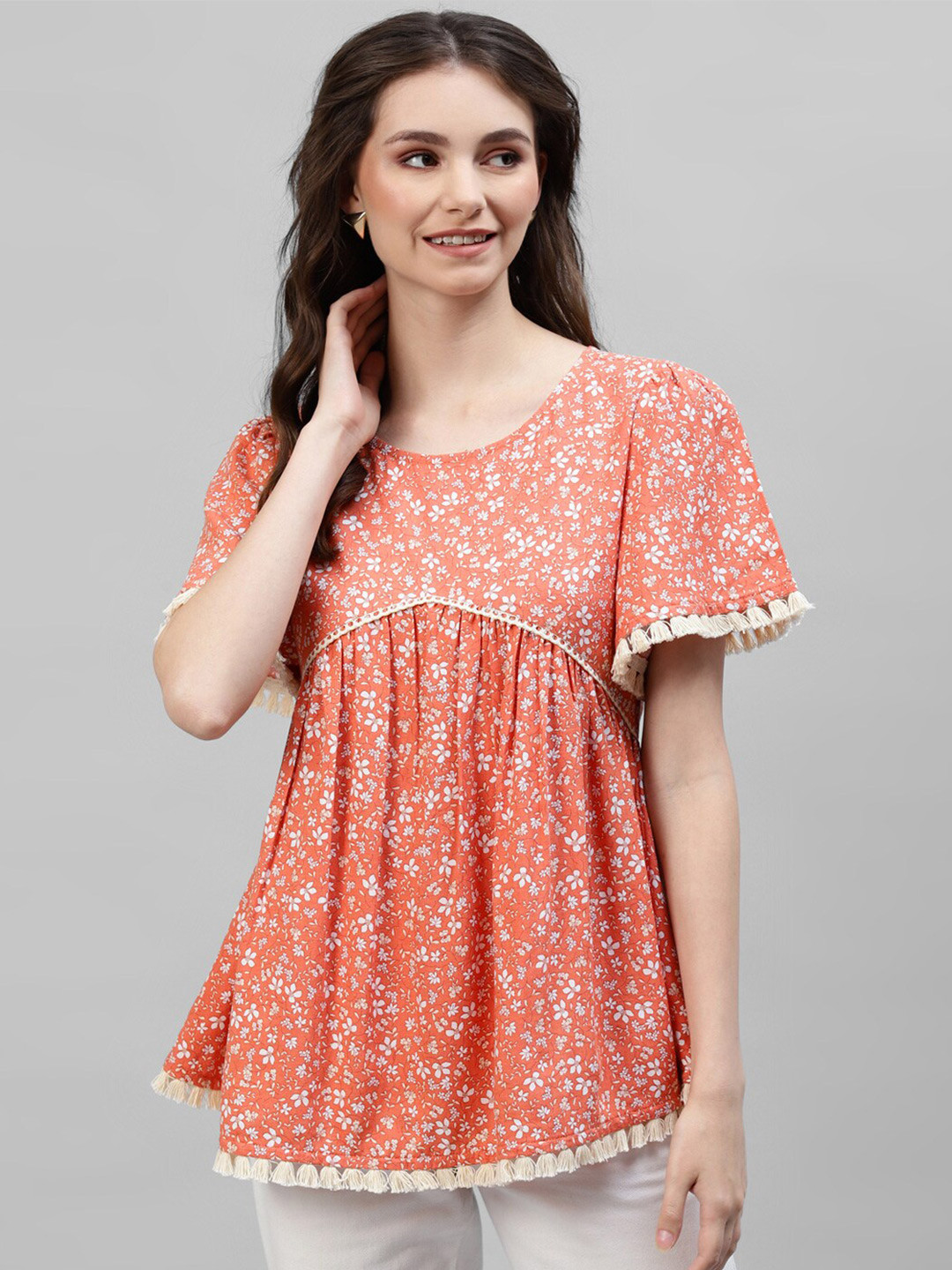 Buy DEEBACO Women Orange Floral Print Empire Top - Tops for Women ...