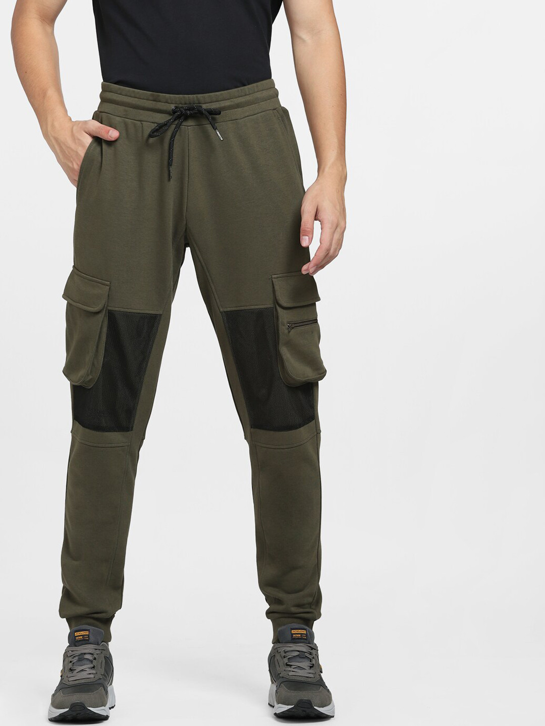 Buy Jack & Jones Men Green & Black Solid Jjco Dublin Cotton Joggers ...