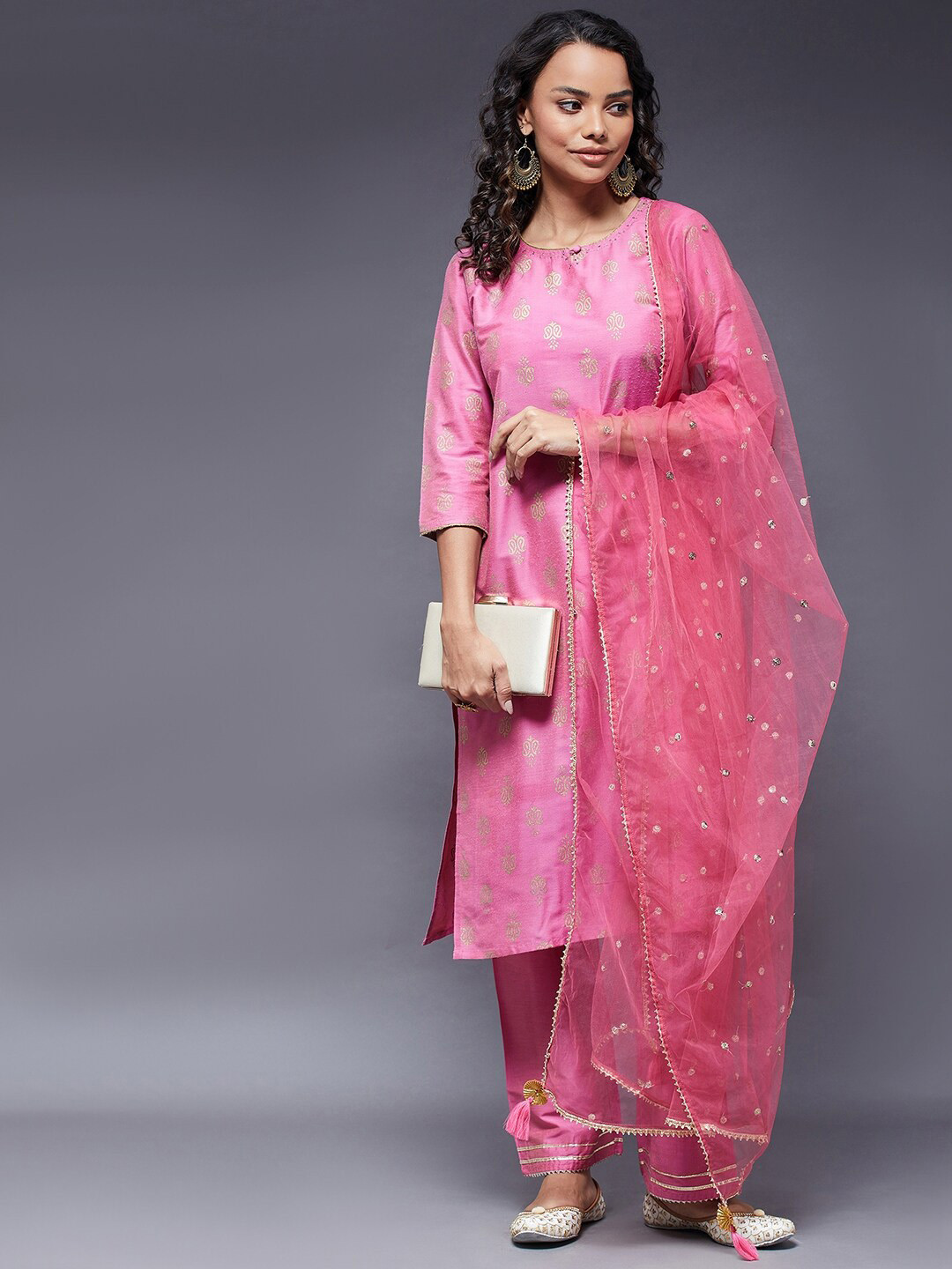 Buy Azira Women Pink Printed Kurta With Trousers & Dupatta - Kurta Sets ...