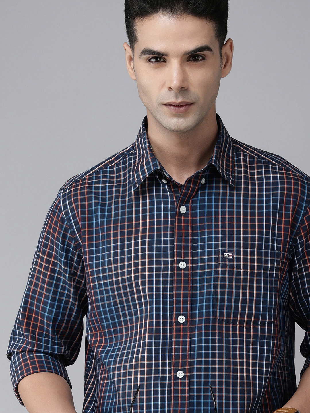 Buy Arrow Sport Men Navy Blue Original Slim Fit Grid Tattersall Checks ...