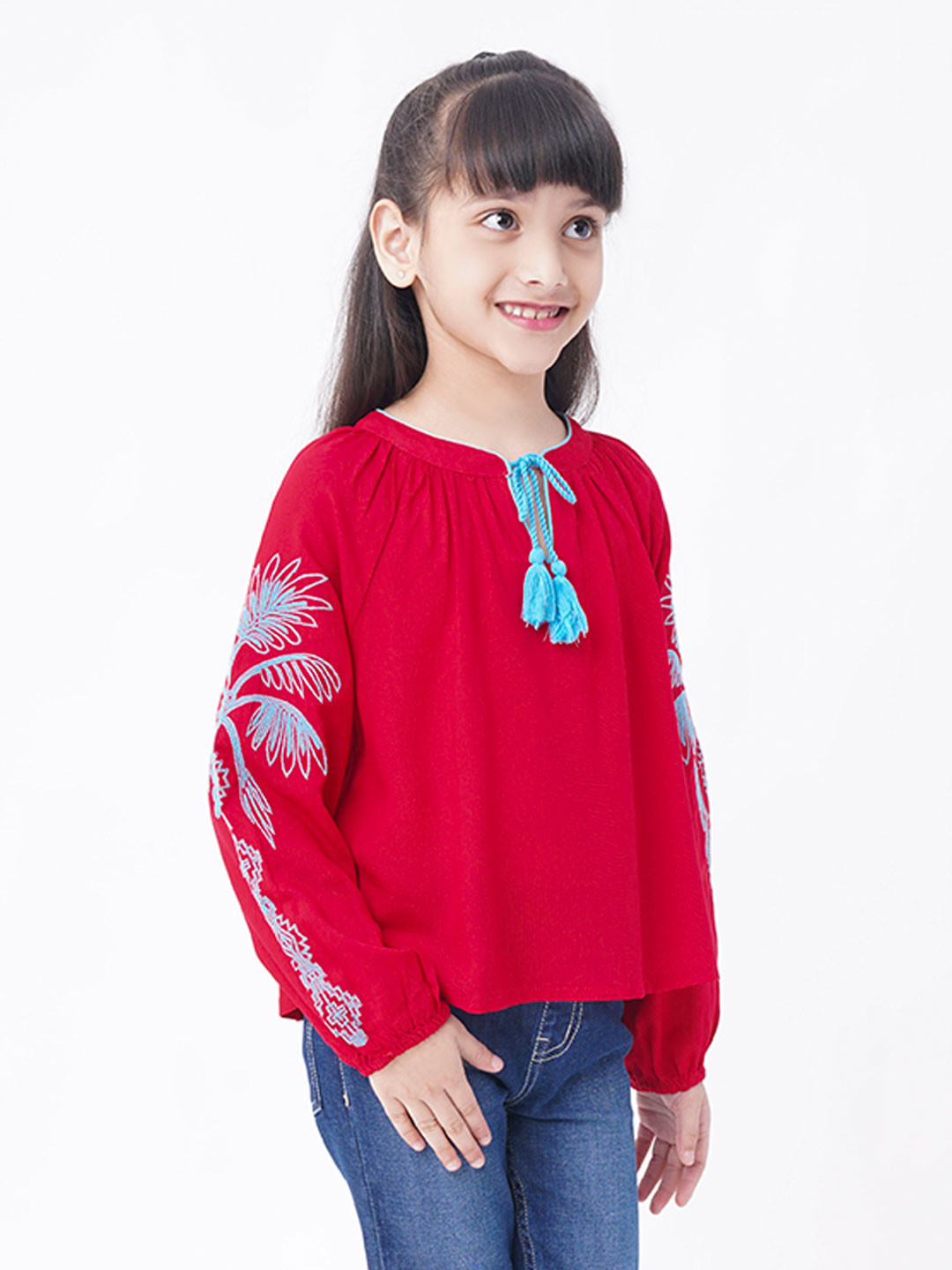 Buy Ed A Mamma Red Embroidered Tie Up Neck Pure Cotton Top - Tops for ...