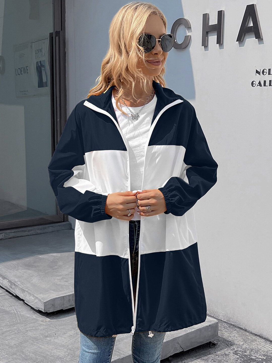 Buy StyleCast Women Navy Blue White Colourblocked Longline Tailored ...