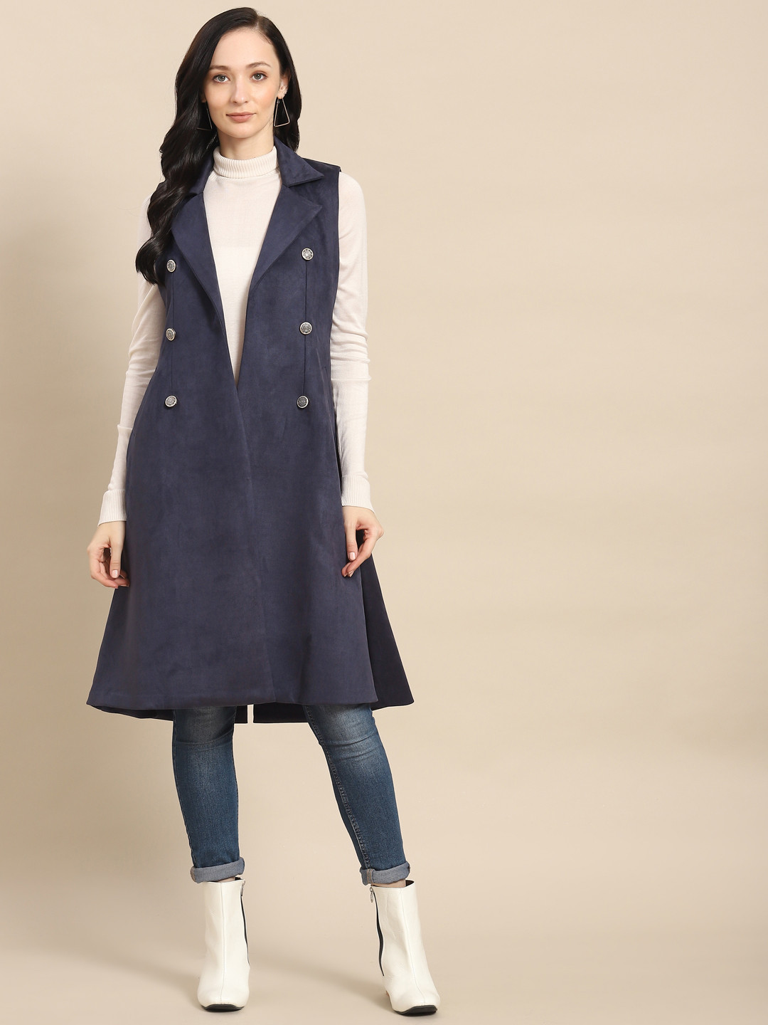 Buy WoowZerz Women Navy Blue Solid Front Open Sleeveless Overcoat ...