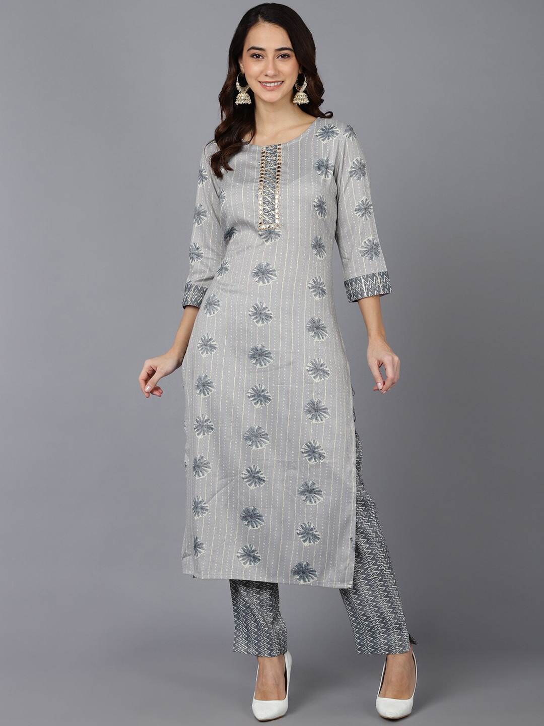 Buy AHIKA Women Grey Ethnic Motifs Printed Kurta With Trousers - Kurta ...