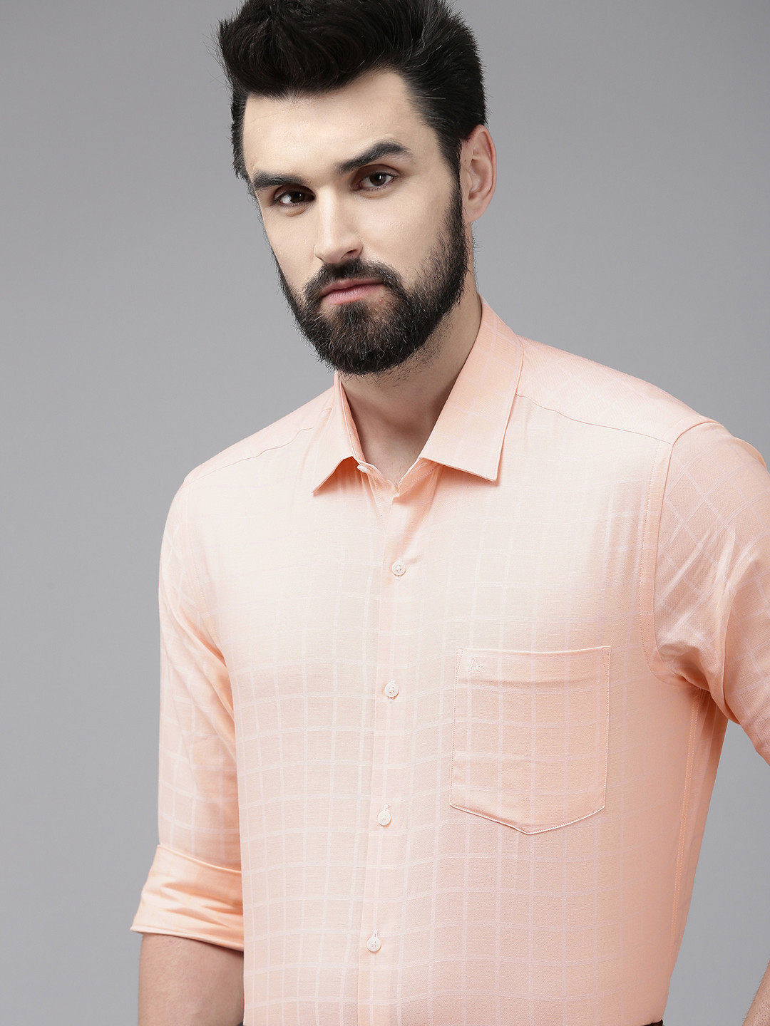 Buy Arrow Men Peach Coloured Checked Original Slim Fit Pure Cotton ...