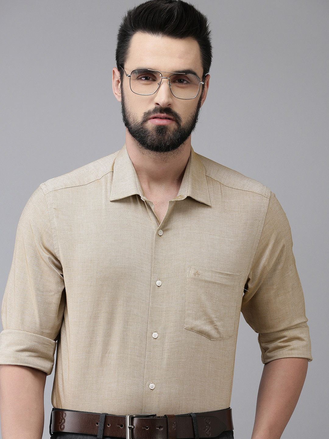 Buy Arrow Men Beige Manhattan Slim Fit Textured Pure Cotton Formal ...