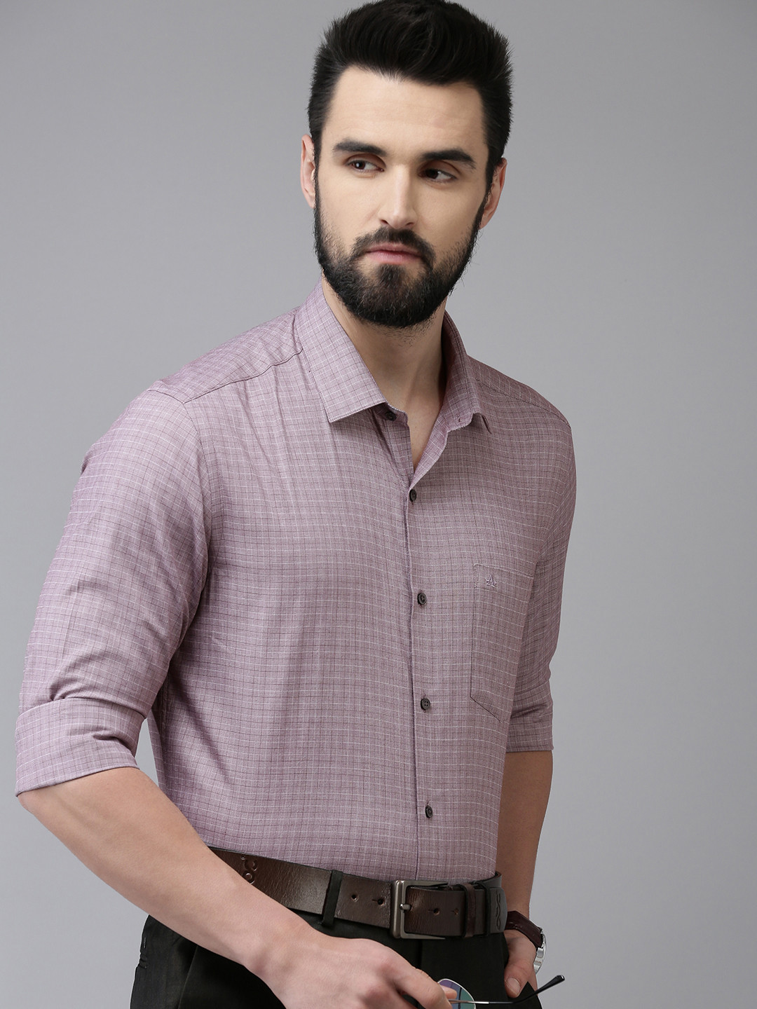 Buy Arrow Men Mauve Pink Original Slim Fit Grid Tattersall Checks ...