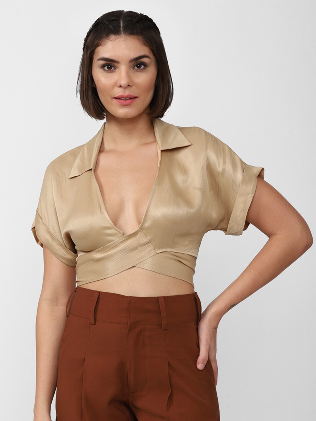 Buy Forever 21 Beige Extended Sleeves Wrap Crop Top Tops For Women