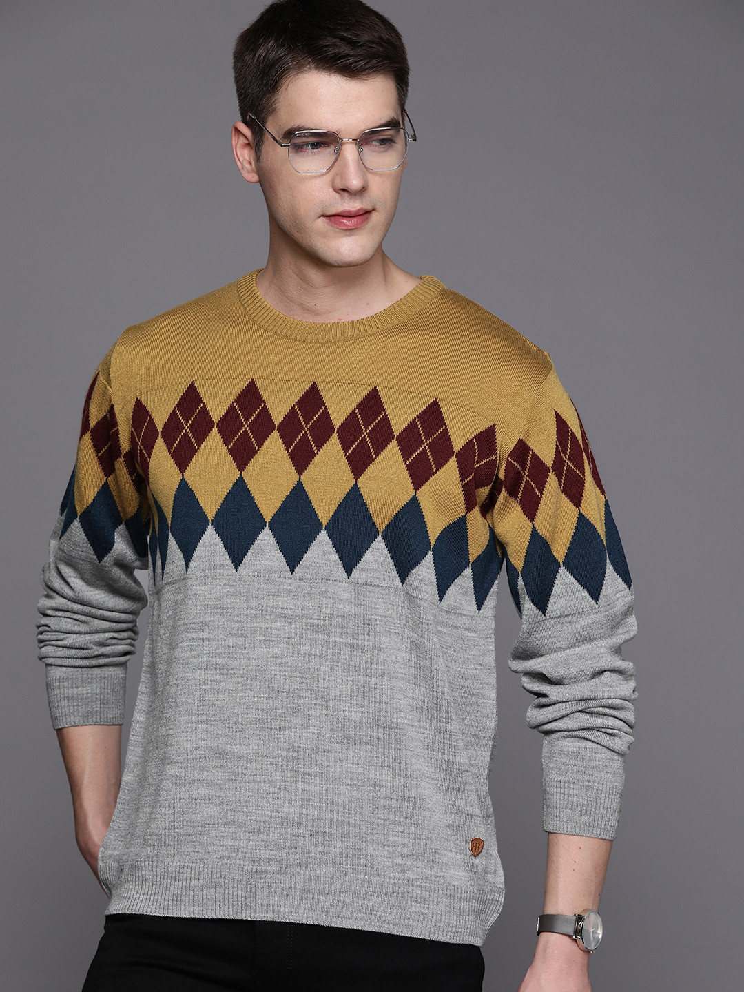 Buy Raymond Men Grey Melange & Mustard Yellow Argyle Pullover ...
