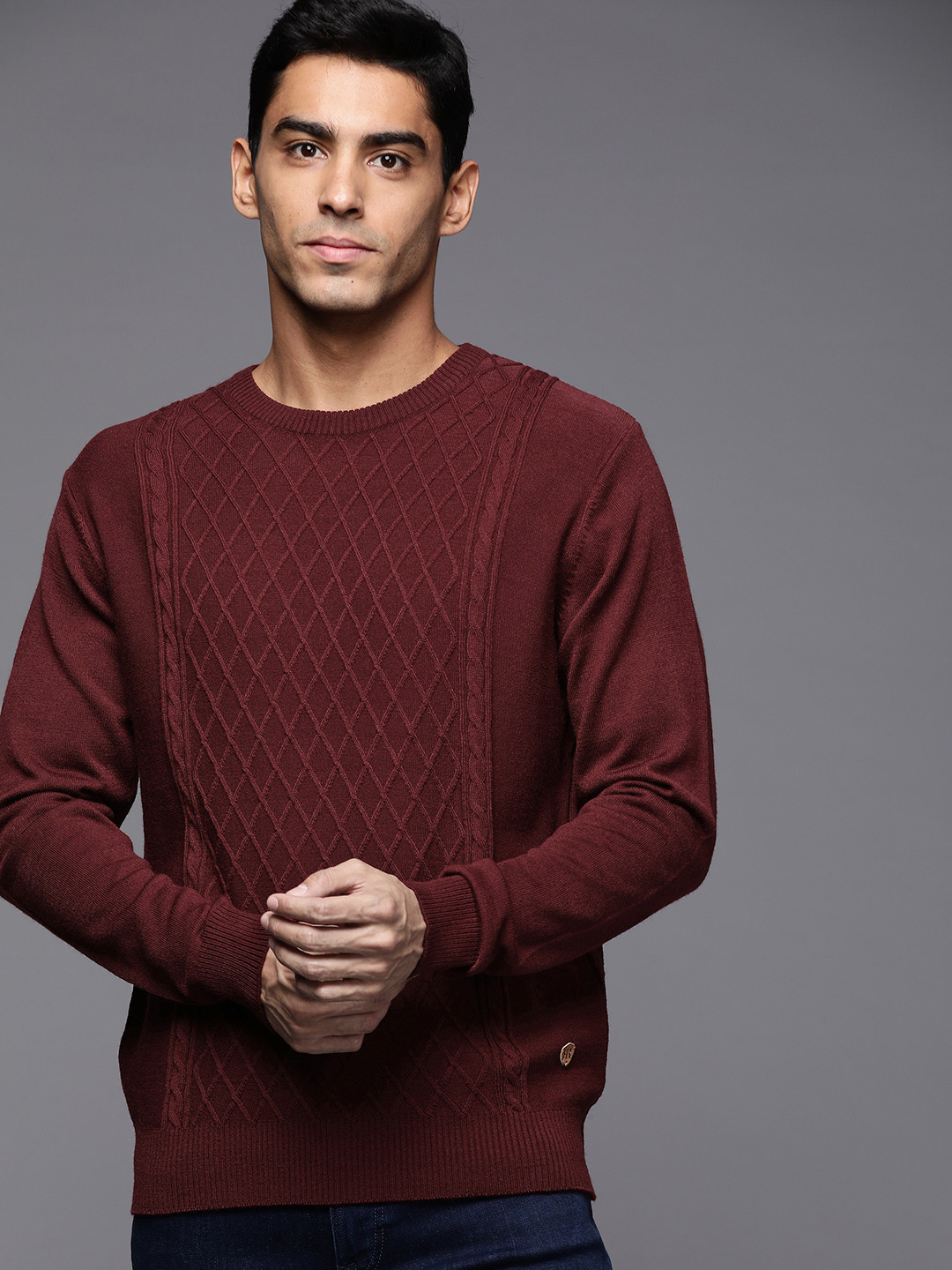 Buy Raymond Men Maroon Solid Cable Knit Pullover - Sweaters for Men ...