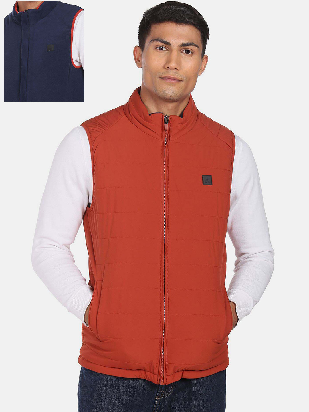 Buy Arrow Sport Men Red & Blue Reversible Cotton Open Front Jacket ...