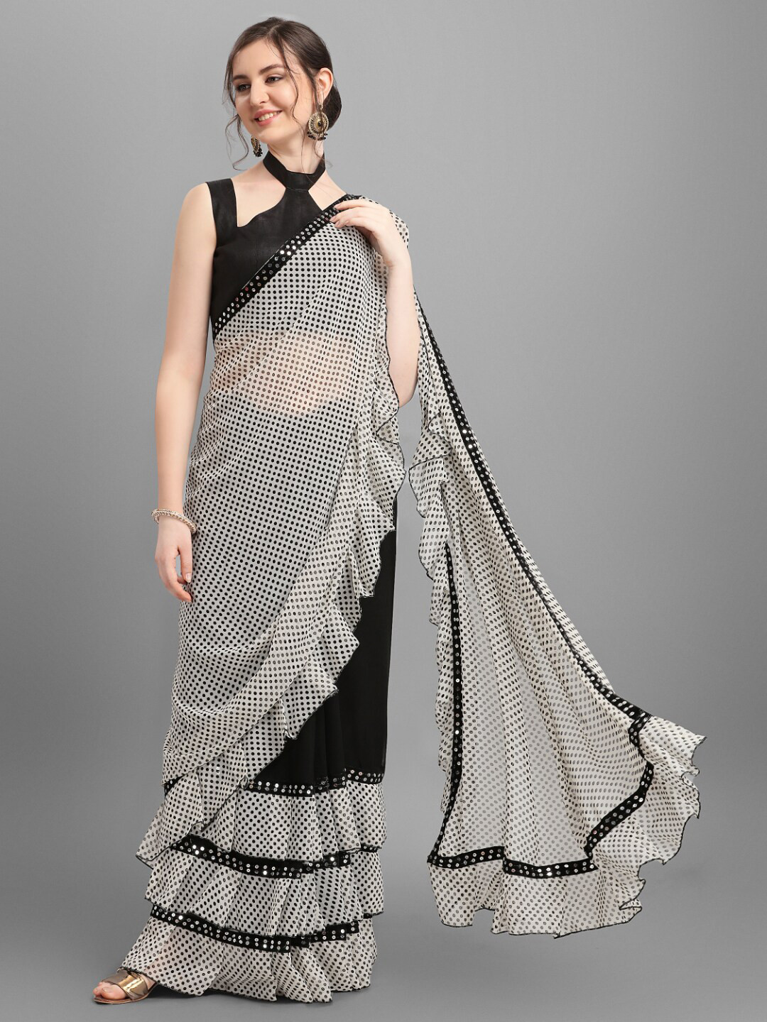 Buy B4ME COM White & Black Pure Georgette Block Print Saree - Sarees ...