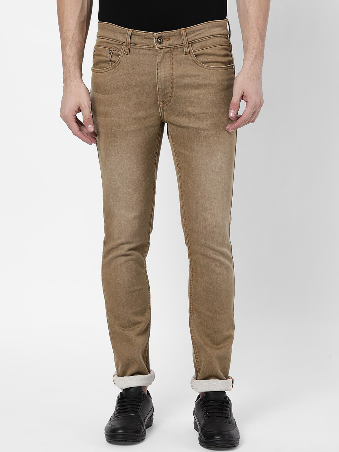 Buy AD By Arvind Men Khaki Solid Cotton Mid Rise Light Fade Jeans ...