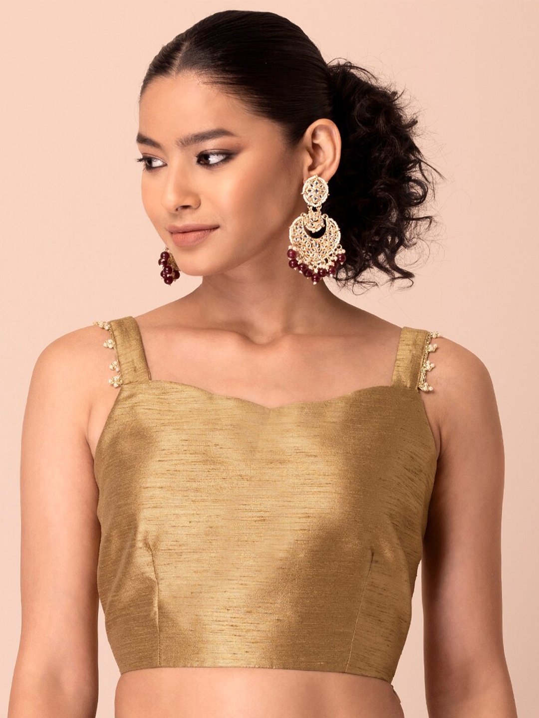 Buy Rang By Indya Women Gold Toned Sweetheart Neck Georgette Crop Top