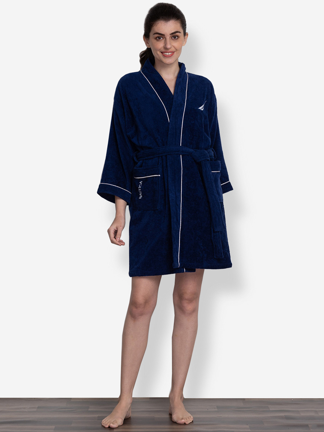 Buy Nautica Pack Of 2 Navy Blue Solid Bath Robes - Bath Robe for Unisex ...