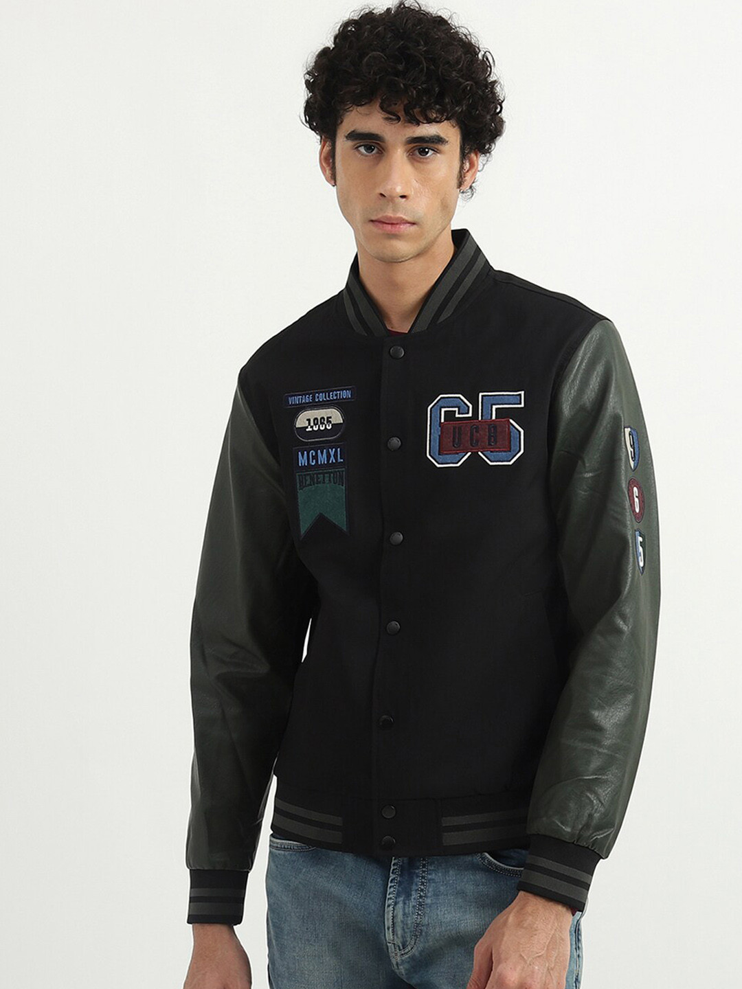Buy United Colors Of Benetton Men Black Bomber With Patchwork Jacket ...
