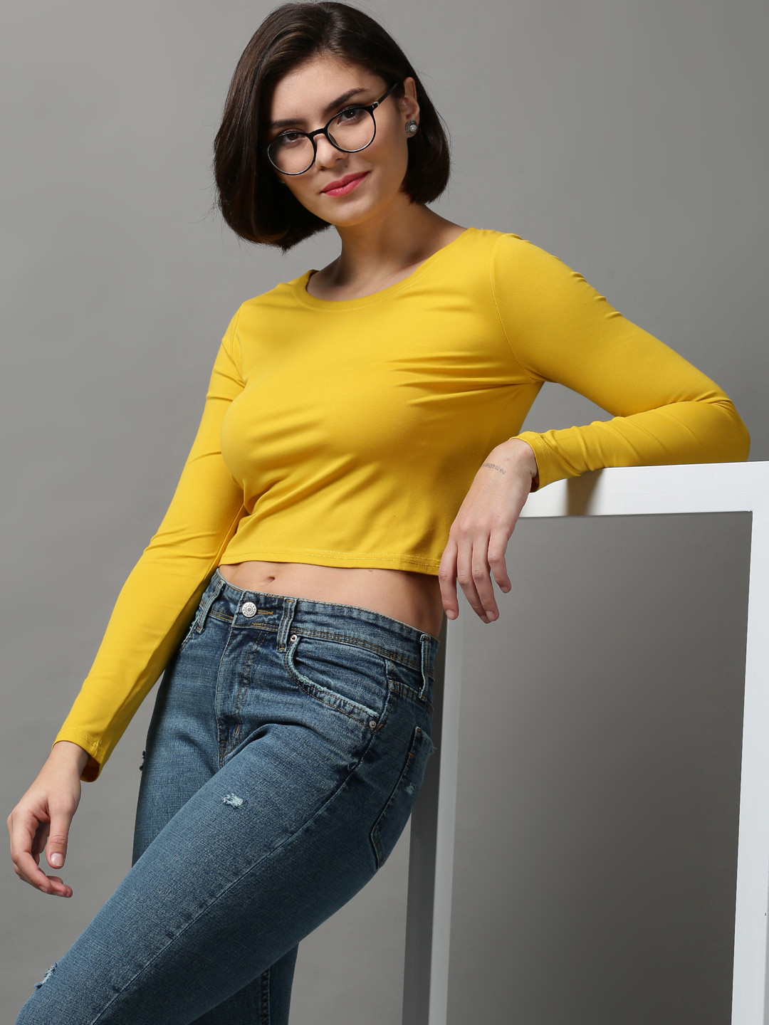 Buy SHOWOFF Women Mustard Yellow Solid Crop Top - Tops for Women ...