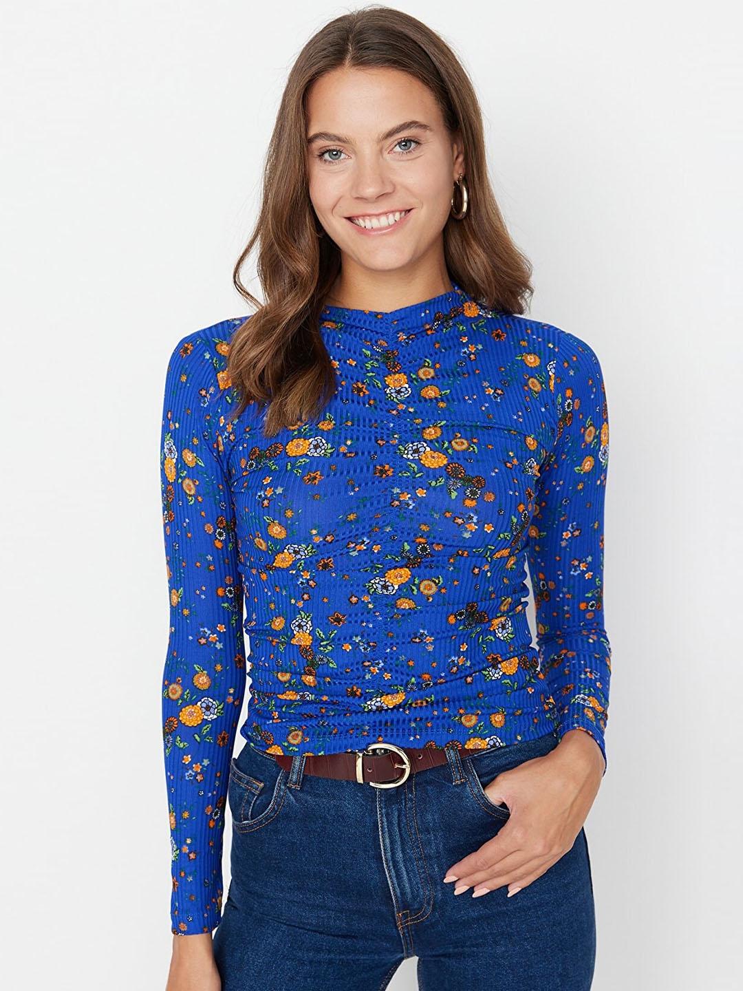 Buy Trendyol Women Navy Blue Floral Print Pure Cotton Top Tops For