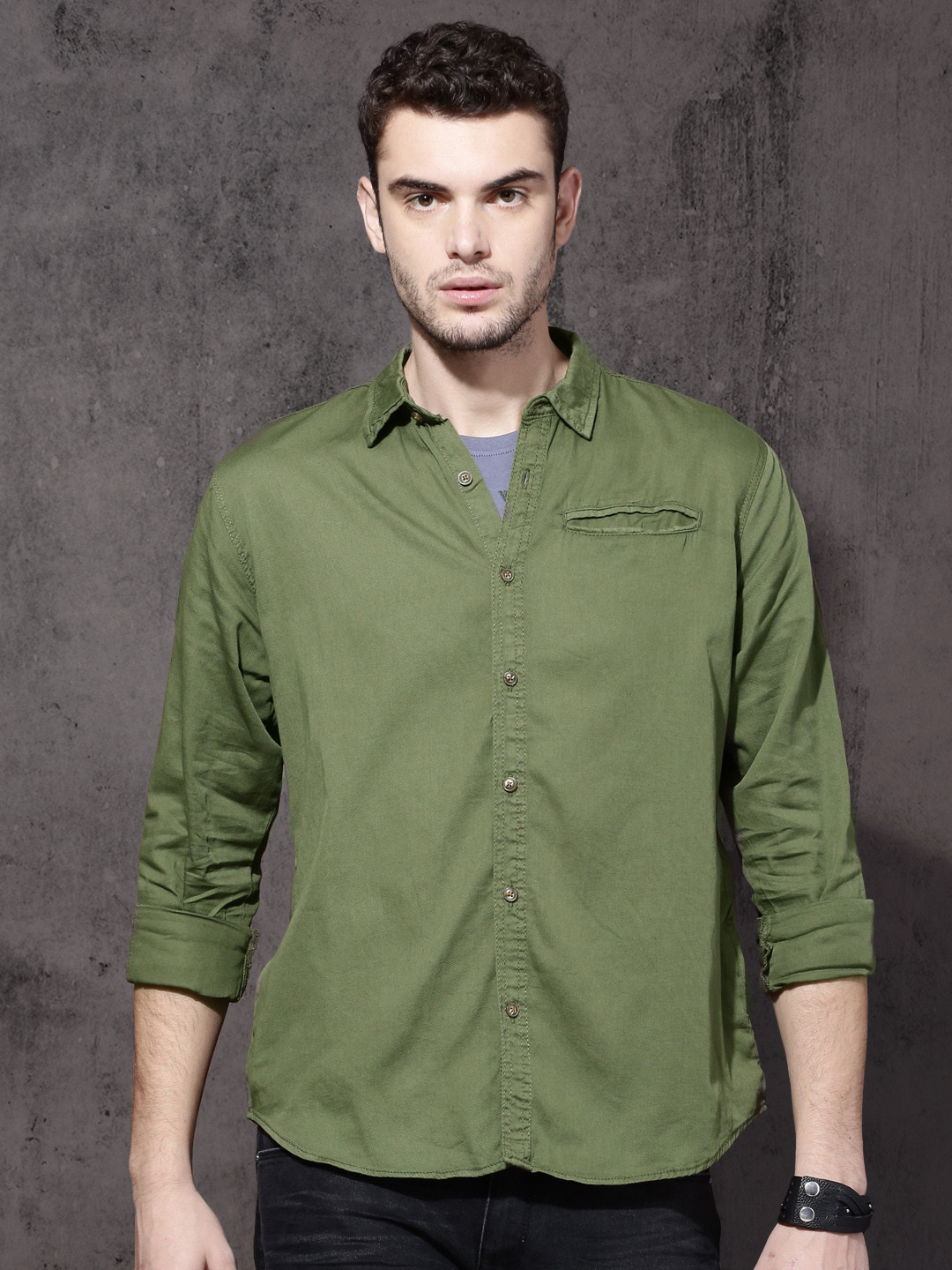 Buy RDSTR Men Olive Green Regular Fit Solid Casual Shirt - Shirts for ...