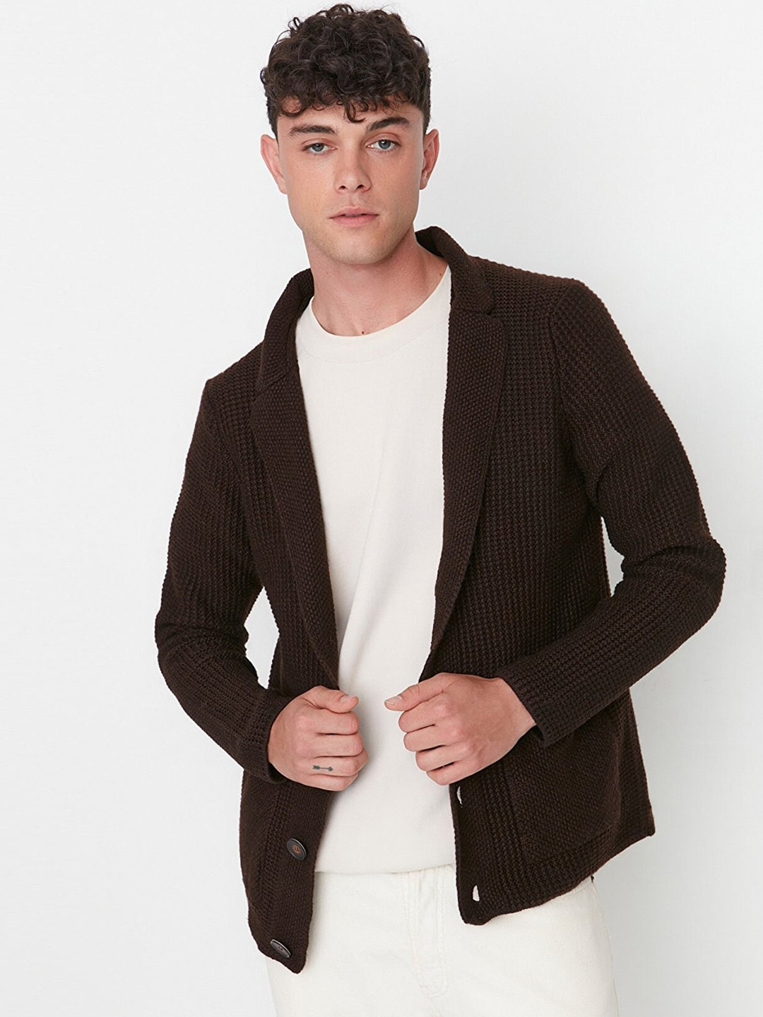 Buy Trendyol Men Brown Striped Crop Open Front Jacket - Jackets for Men ...