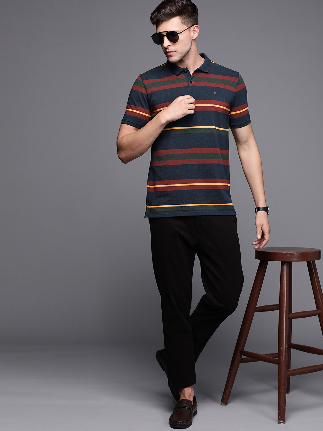 Buy Louis Philippe Sport Men Navy Blue & Yellow Striped Polo Collar T ...