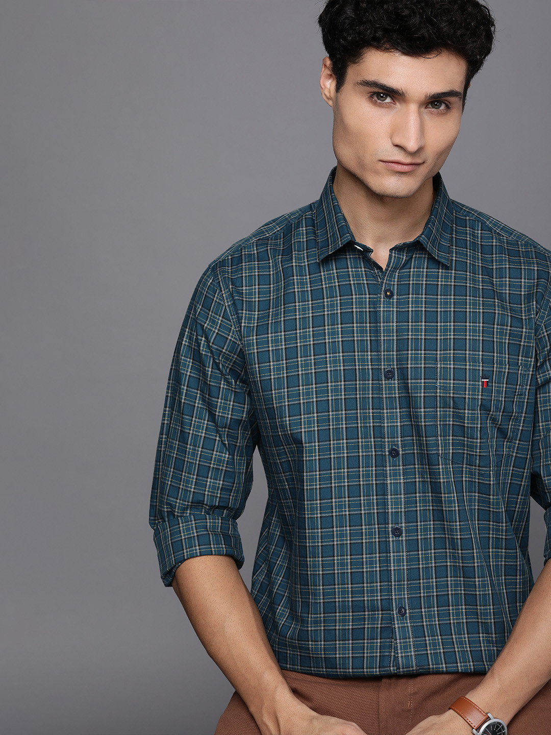 Buy Louis Philippe Sport Men Teal Slim Fit Checked Pure Cotton Casual ...