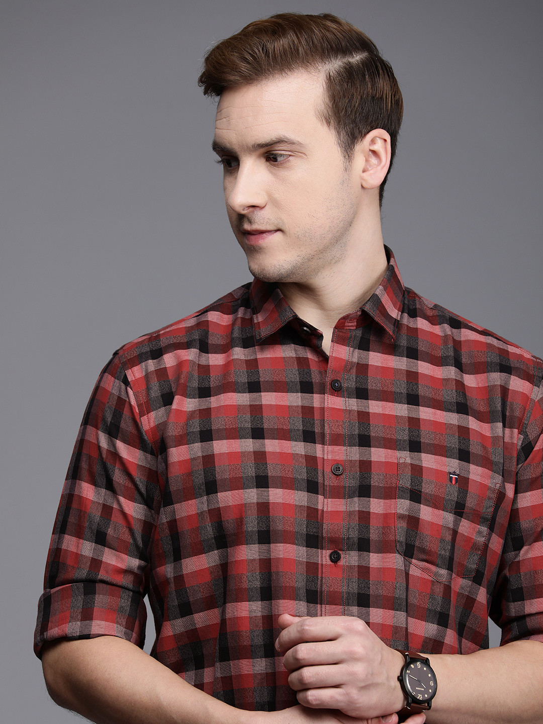 Buy Louis Philippe Sport Men Red & Grey Slim Fit Checked Pure Cotton ...