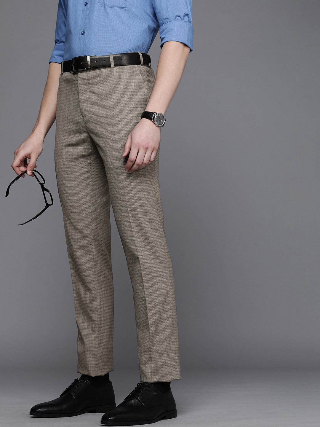 Buy Raymond Men Textured Slim Fit Flat Front Formal Trousers - Trousers ...