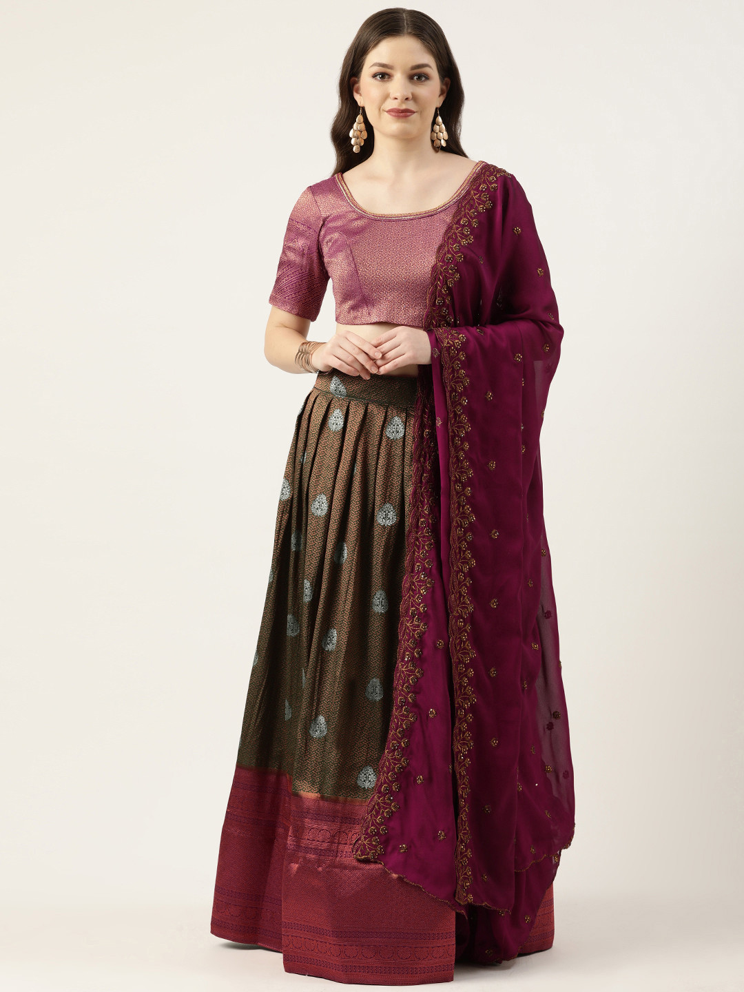 Buy Pothys Green & Purple Thread Work Unstitched Lehenga & Blouse With ...