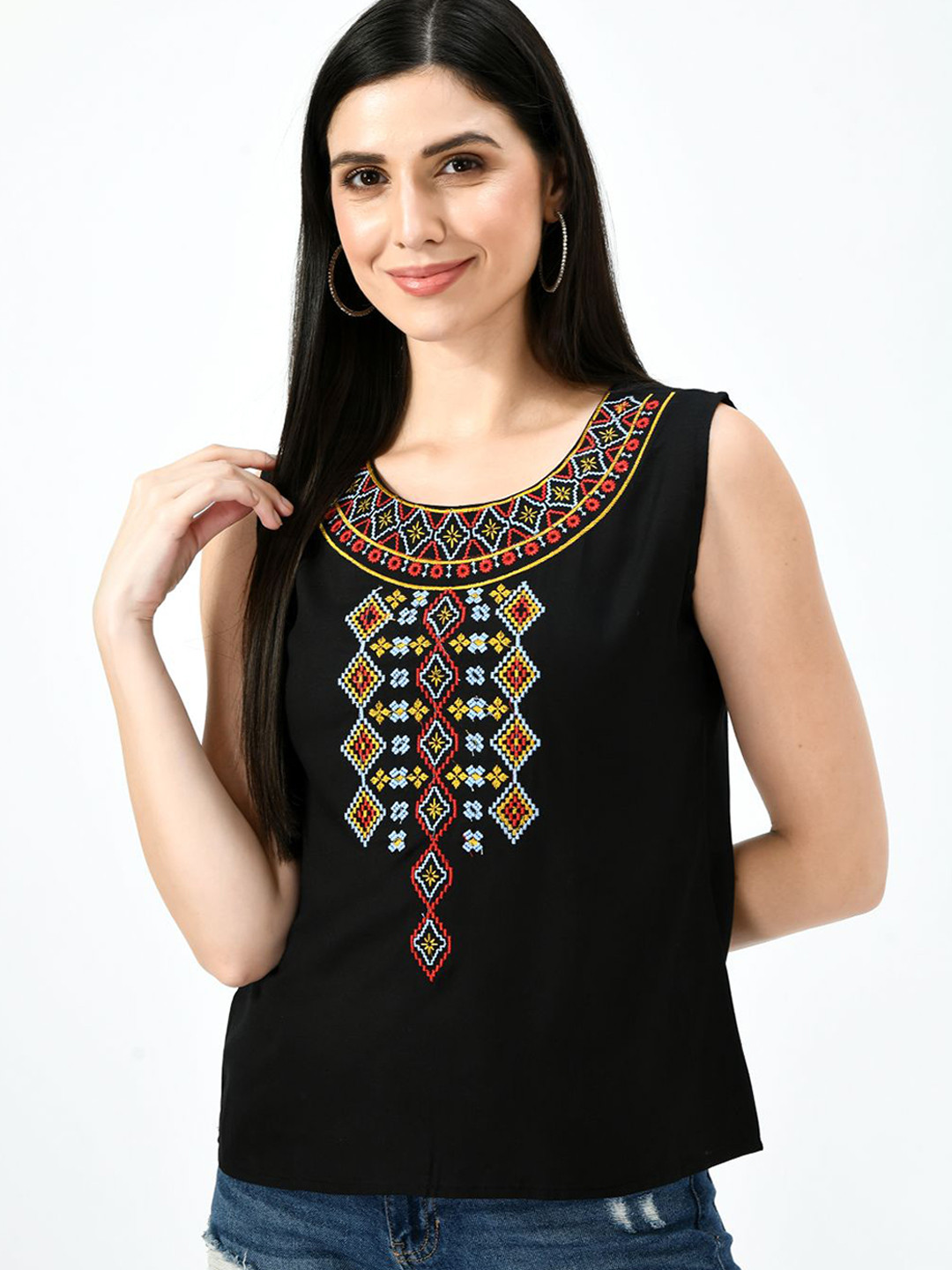 Buy TAARAA Black Geometric Embroidered Top - Tops for Women 20326164 ...