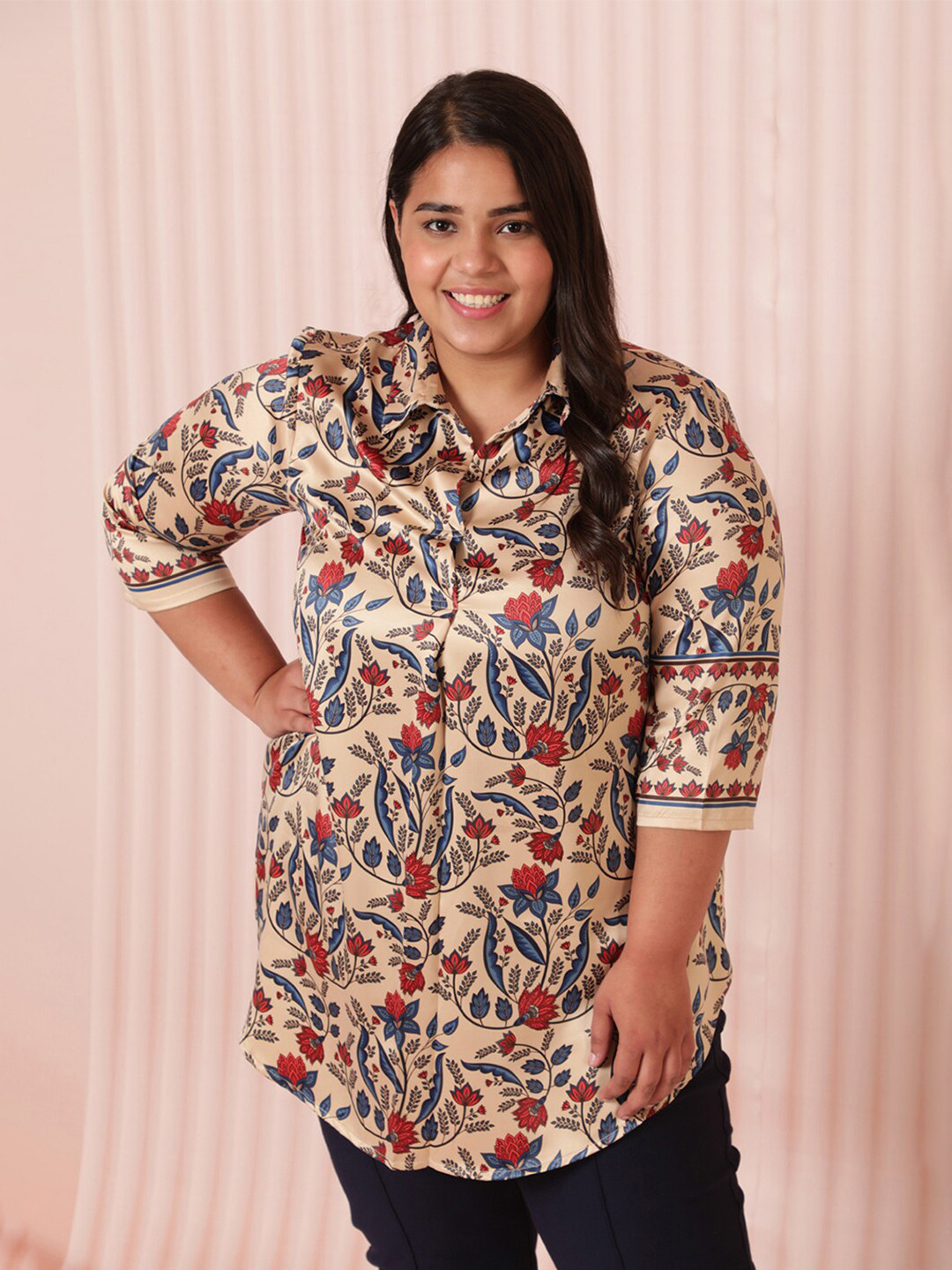 Buy Amydus Women Plus Size Beige & Red Floral Printed Shirt Style Top ...