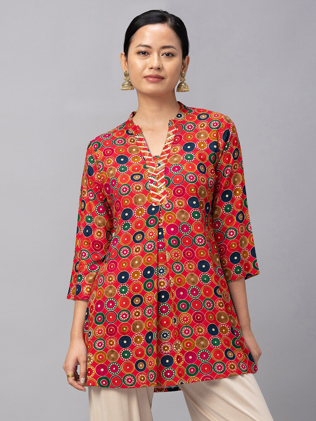 Buy Sangria Women Red & Blue Viscose Rayon Mandarin Collar Printed ...