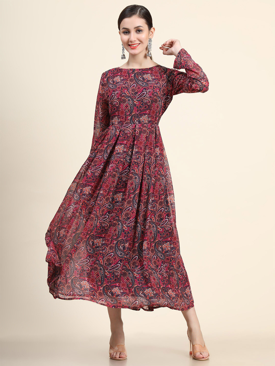 Buy KALINI Maroon Ethnic Motifs Layered Georgette Ethnic Maxi Ethnic ...