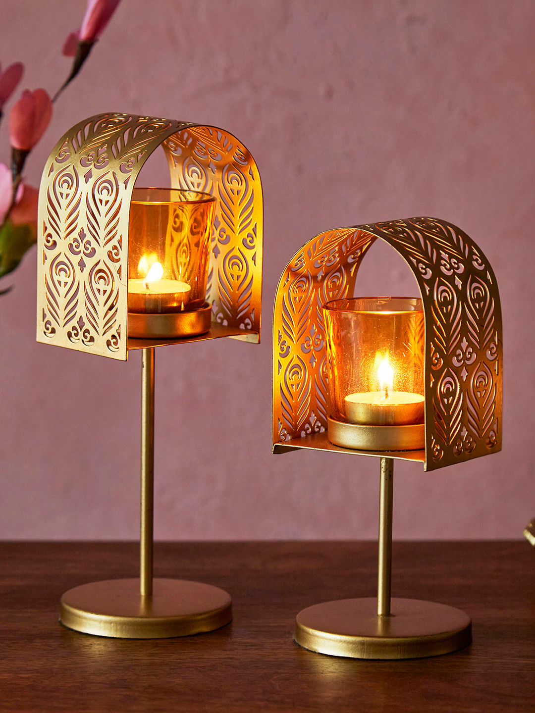 Buy Home Centre Set Of 2 Gold Toned Textured Candle Holders - Candle ...