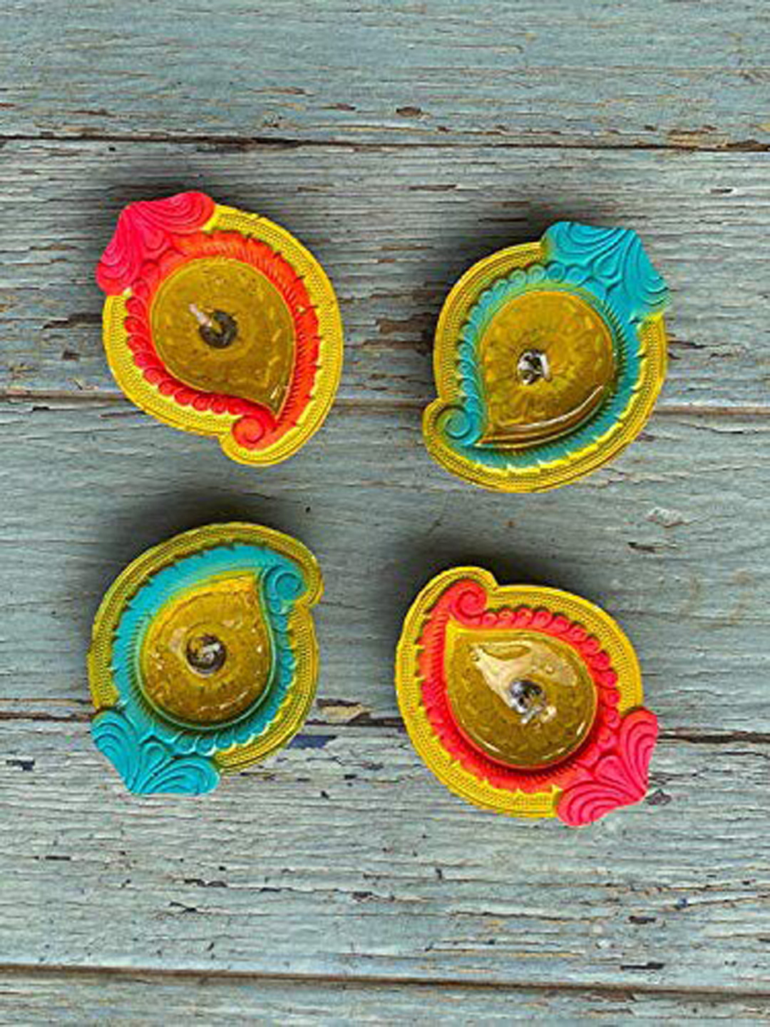 Buy Ariana Set Of 4 Yellow Printed Modern Diya - Pooja Essentials for ...