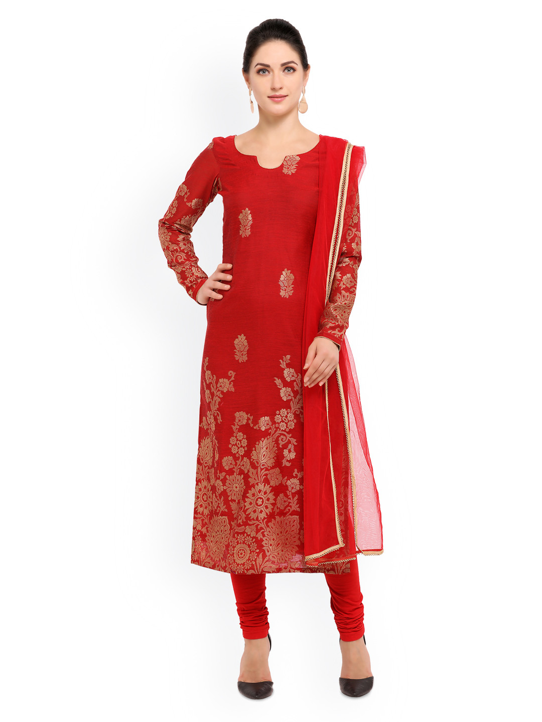 Buy Inddus Red Banarasi Cotton Blend Unstitched Dress Material - Dress ...