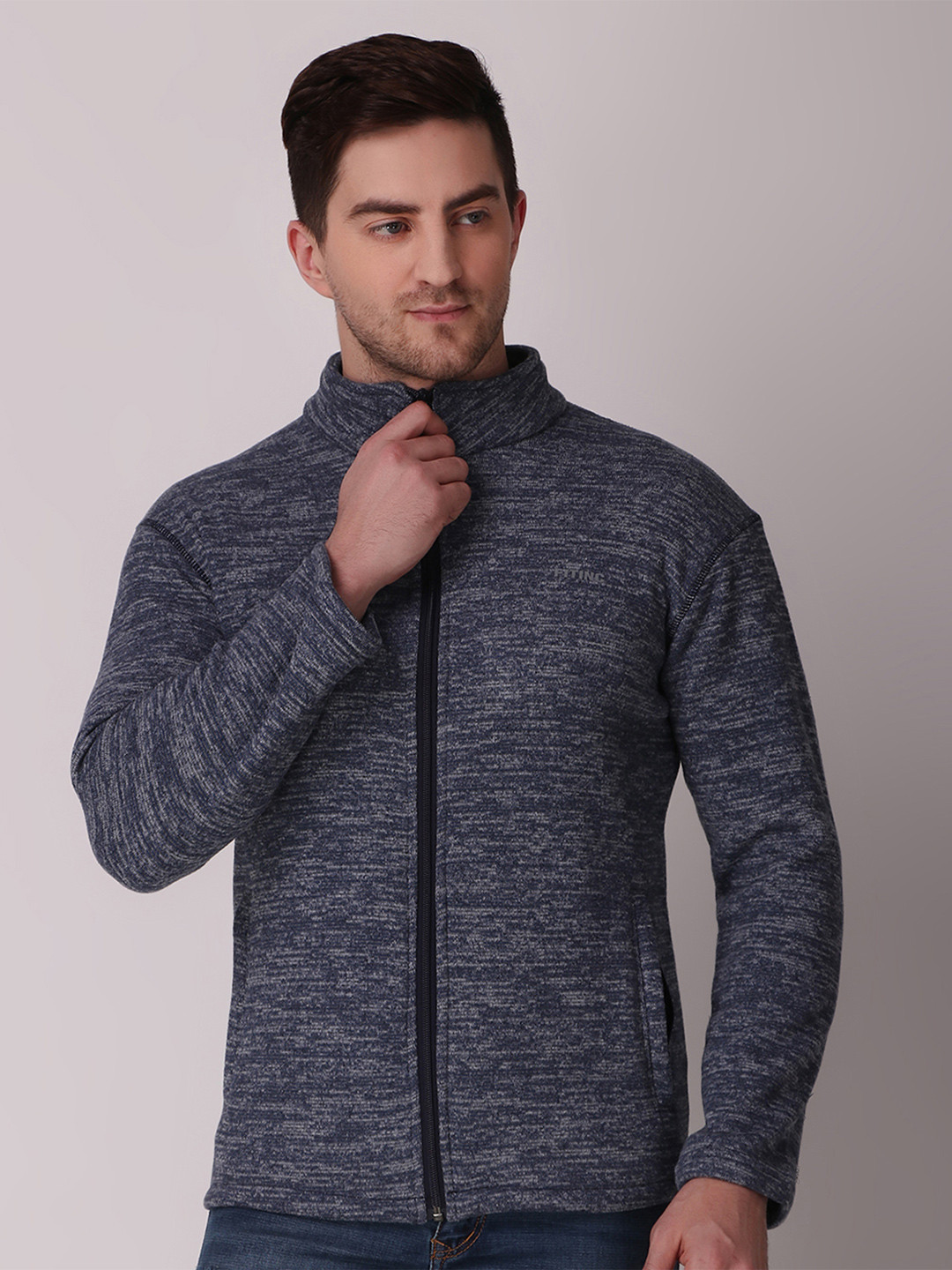 Buy FITINC Men Blue Grey Fleece E Dry Technology Open Front Jacket ...